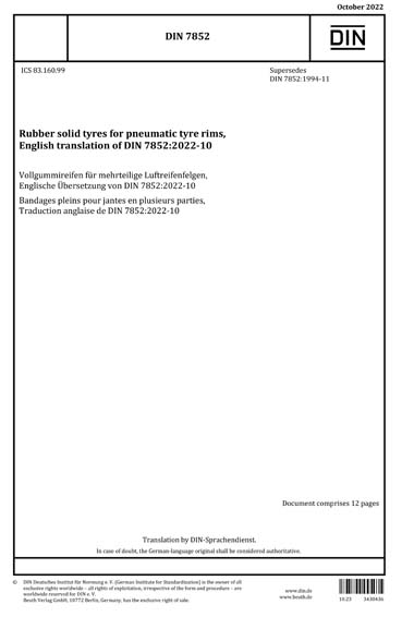 DIN 7852:2022 - Rubber solid tyres for pneumatic tyre rims