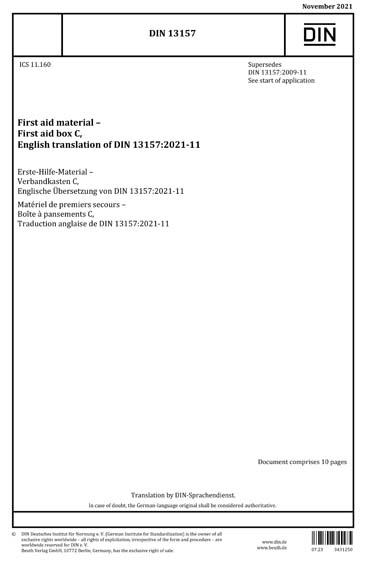 DIN 13157:2021 - First aid material - First aid box C