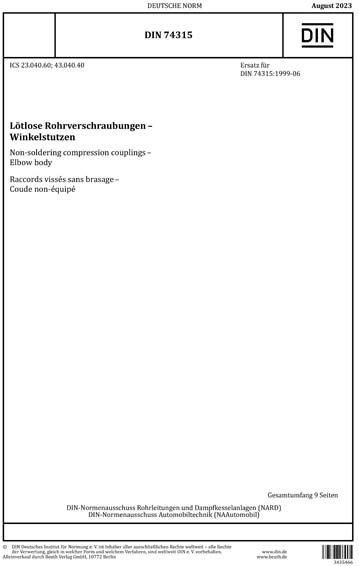 DIN 74315:2023 DE - Lötlose Rohrverschraubungen - Winkelstutzen