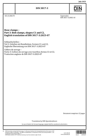 DIN 3017-3:2023 - Hose clamps - Part 3: Bolt clamps, shapes C1 and C2