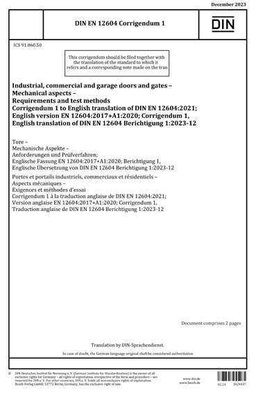 DIN EN 12604 Berichtigung 1:2023 - Industrial, commercial and garage ...