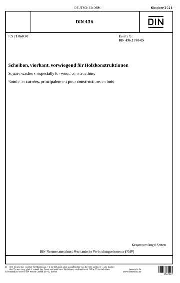 DIN 436:2024 DE - Scheiben, vierkant, vorwiegend für Holzkonstruktionen