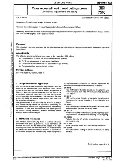 DIN 7516:1995 - Cross recessed head thread cutting screws - Dimensions ...