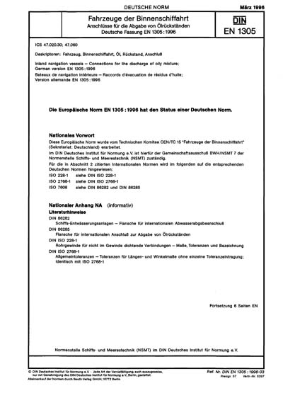 DIN EN 1305:1996 DE - Fahrzeuge der Binnenschiffahrt - Anschlüsse für ...
