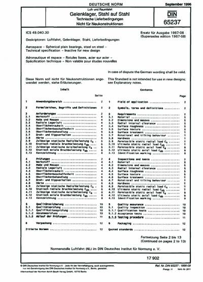 DIN 65237:1996 - Aerospace - Spherical plain bearings, steel on steel ...