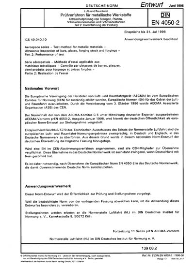 DIN EN 4050-2:1996 - Aerospace series - Test method for metallic ...