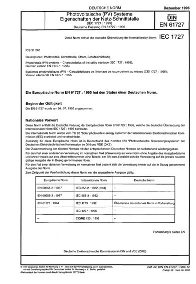 DIN EN 61727:1996 DE - Photovoltaische (PV) Systeme - Eigenschaften der ...