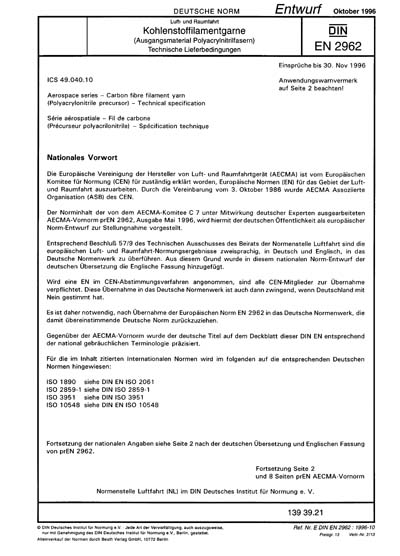 DIN EN 2962:1996 - Aerospace series - Carbon fibre filament yarn ...