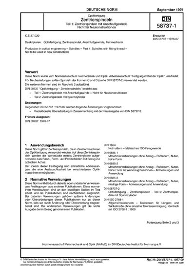 DIN 58737-1:1997 DE - Optikfertigung - Zentrierspindeln - Teil 1 ...
