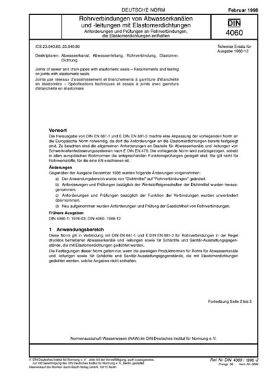 DIN 4060:1998 DE - Rohrverbindungen von Abwasserkanälen und -leitungen ...