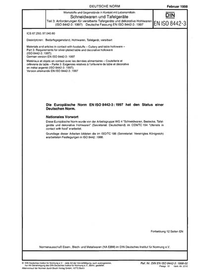 DIN EN ISO 8442-3:1998 DE - Werkstoffe und Gegenstände in Kontakt mit ...