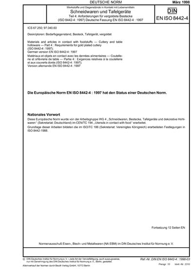 DIN EN ISO 8442-4:1998 DE - Werkstoffe und Gegenstände in Kontakt mit ...