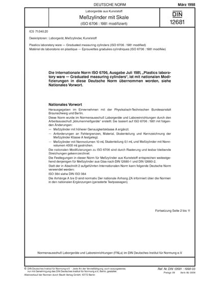 DIN 12681:1998 DE - Laborgeräte aus Kunststoff - Meßzylinder mit Skale ...