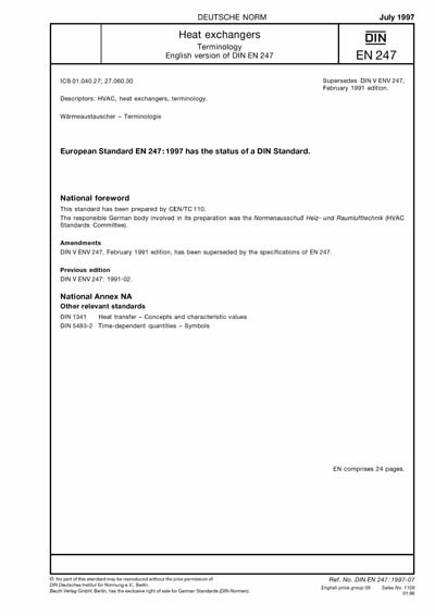 DIN EN 247:1997 - Heat exchangers - Terminology