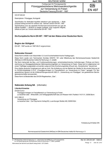 DIN EN 497:1998 DE - Festlegungen für Flüssiggasgeräte ...