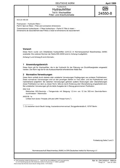 DIN 24550-8:1999 DE - Fluidtechnik - Hydraulikfilter - Teil 8 ...