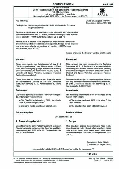 DIN 65314:1998 - Aerospace - Countersunk head bolts, close tolerance ...