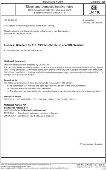DIN EN 116:1998 - Diesel and domestic heating fuels - Determination of ...