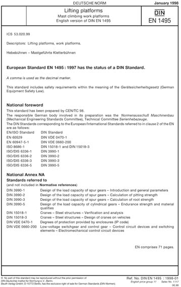 DIN EN 1495:1998 - Lifting platforms - Mast climbing work platforms ...