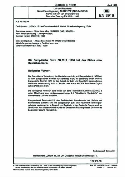 DIN EN 3919:1998 - Aerospace series - Nickel base alloy NI-B41202 ...
