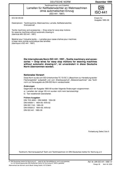 DIN ISO 441:1998 DE - Textilmaschinen und Zubehör - Lamellen für ...