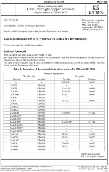 DIN EN 1976:1998 - Copper and copper alloys - Cast unwrought copper ...