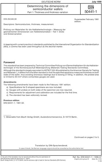 DIN 50441-1:1996 - Testing of materials for semiconductor technology ...