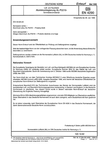 DIN EN 4290:1999 - Aerospace series - Aluminium alloy AL-P2219 ...