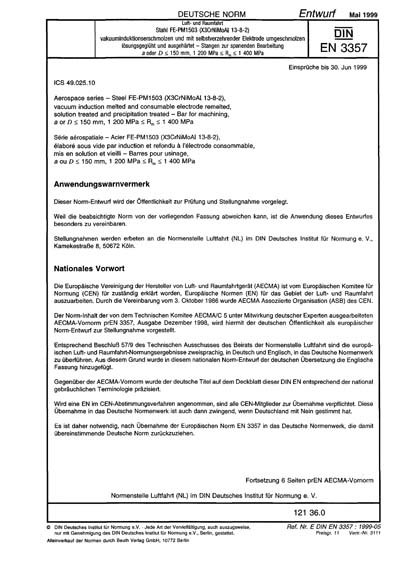 DIN EN 3357:1999 - Aerospace series - Steel FE-PM1503 (X3CrNiMoAl 13-8 ...