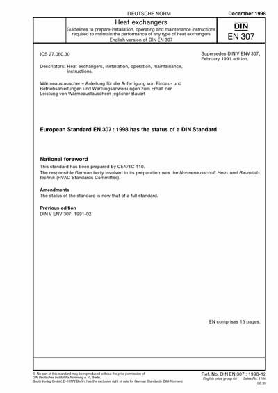 DIN EN 307:1998 - Heat exchangers - Guidelines to prepare installation ...