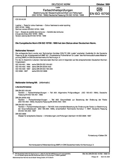 DIN EN ISO 15700:1999 DE - Leder - Farbechtheitsprüfungen - Bestimmung ...