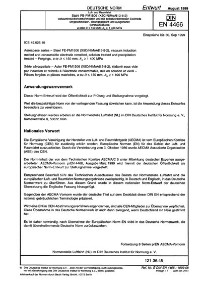 DIN EN 4466:1999 - Aerospace series - Steel FE-PM1506 (X5CrNiMoAl13-8-2 ...