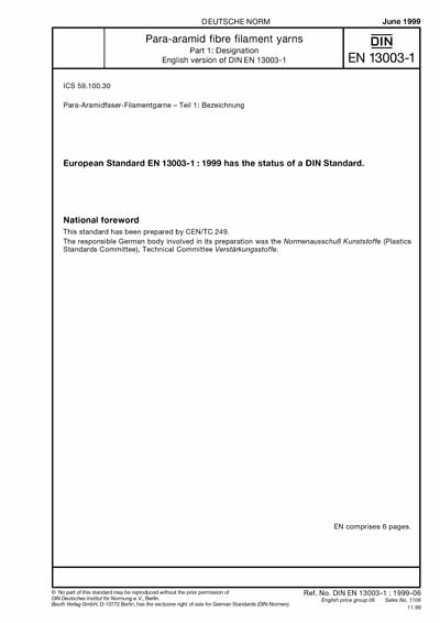 DIN EN 13003-1:1999 - Para-aramid fibre filament yarns - Part 1 ...