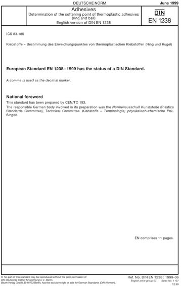 DIN EN 1238:1999 - Adhesives - Determination of the softening point of ...