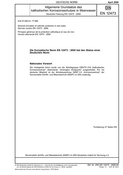 DIN EN 12473:2000 DE - Allgemeine Grundsätze des kathodischen ...