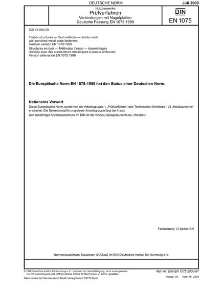 DIN EN 1075:2000 DE - Holzbauwerke - Prüfverfahren - Verbindungen mit ...