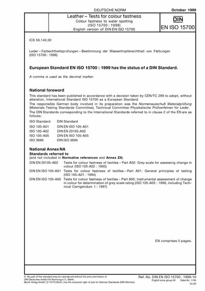 DIN EN ISO 15700:1999 - Leather - Tests for colour fastness - Colour ...