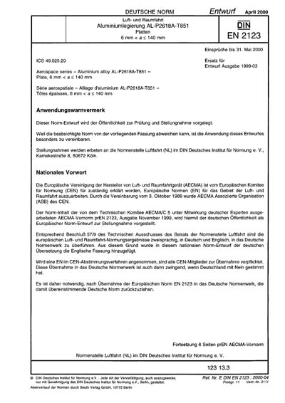 DIN EN 2123:2000 - Aerospace series - Aluminium alloy AL-P2618A-T851 ...