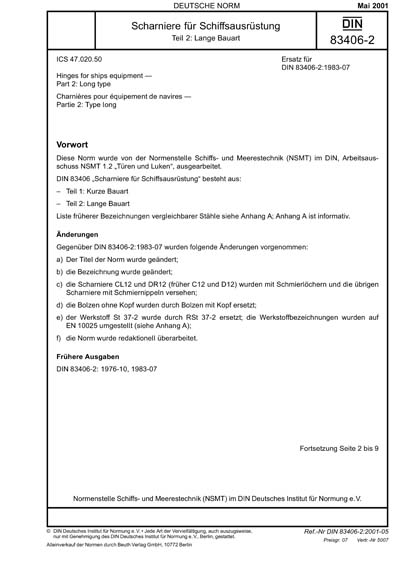 DIN 83406-2:2001 DE - Scharniere für Schiffsausrüstung - Teil 2: Lange ...