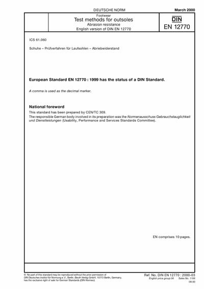 DIN EN 12770:2000 - Footwear - Test methods for outsoles - Abrasion ...
