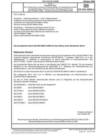 DIN EN ISO 4869-4:2000 DE - Akustik - Gehörschützer - Teil 4: Messung ...