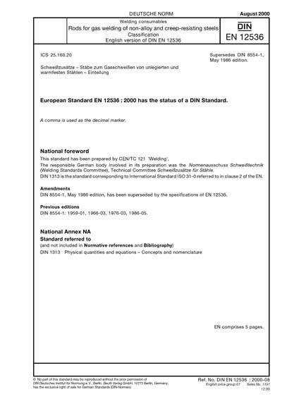 DIN EN 12536:2000 - Welding consumables - Rods for gas welding of non ...