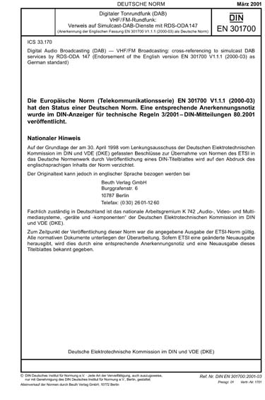 DIN EN 301700:2001 DE - Digitaler Tonrundfunk (DAB) - VHF/FM-Rundfunk ...
