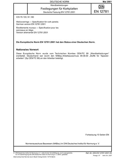 DIN EN 12781:2001 DE - Wandbekleidungen - Festlegungen für Korkplatten ...