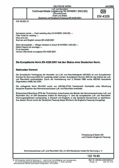 DIN EN 4329:2002 - Aerospace series - Heat resisting alloy NI-WH0001 ...