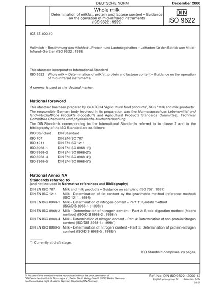 DIN ISO 9622:2000 - Whole milk - Determination of milkfat, protein and ...