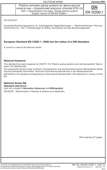 DIN EN 12200-1:2001 - Plastics rainwater piping systems for above ...