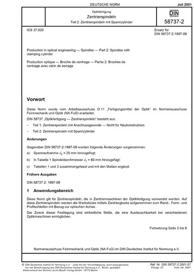 DIN 58737-2:2001 DE - Optikfertigung - Zentrierspindeln - Teil 2 ...