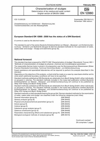 DIN EN 12880:2001 - Characterization of sludges - Determination of dry ...