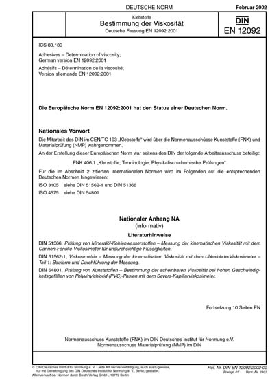 DIN EN 12092:2002 DE - Klebstoffe - Bestimmung der Viskosität; Deutsche ...